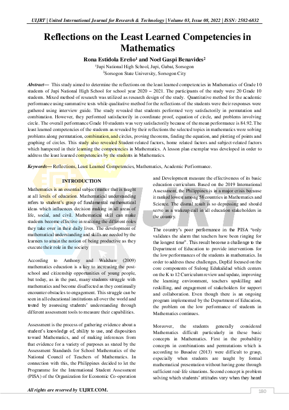(PDF) Reflections on the Least Learned Competencies in Mathematics