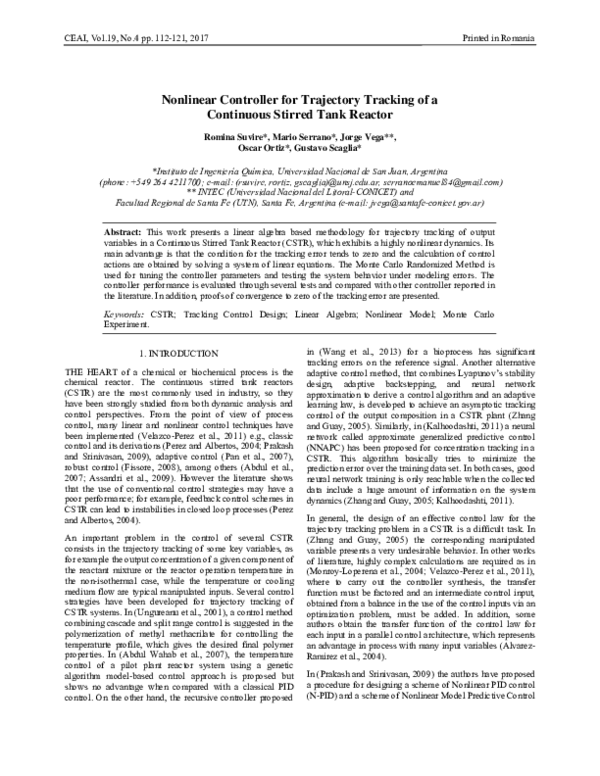 (PDF) Nonlinear Controller for Trajectory Tracking of a Continuous Stirred Tank Reactor