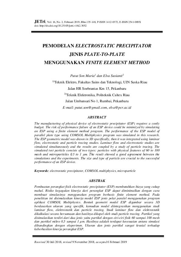 (PDF) Pemodelan Electrostatic Precipitator Jenis Plate-To-Plate Menggunakan Finite Element Method