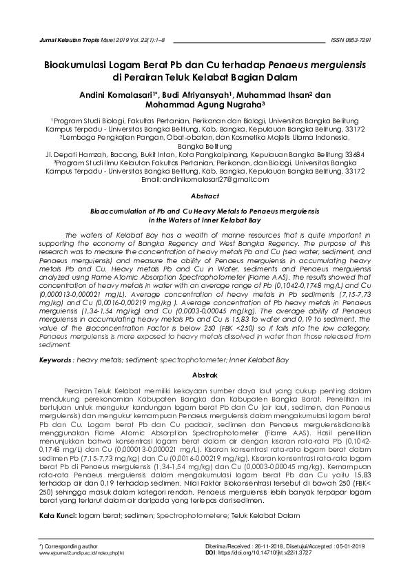 (PDF) Bioakumulasi Logam Berat Pb dan Cu terhadap Penaeus merguiensis ...