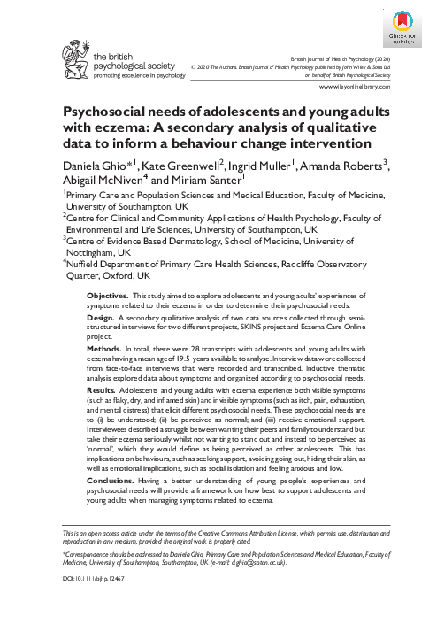 (PDF) Psychosocial needs of adolescents and young adults with eczema: A secondary analysis of ...