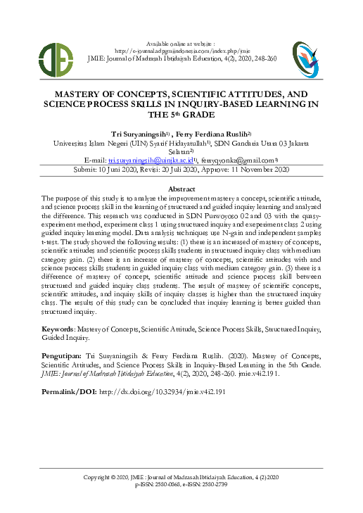 (PDF) MASTERY OF CONCEPTS, SCIENTIFIC ATTITUDES, AND SCIENCE PROCESS SKILLS IN INQUIRY-BASED ...