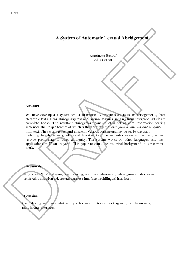 (PDF) Draft A System of Automatic Textual Abridgement