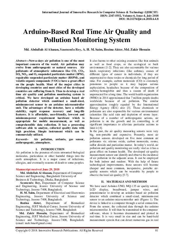 Pdf Arduino Based Real Time Air Quality And Pollution Monitoring