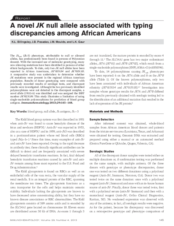 (PDF) A novel JK null allele associated with typing discrepancies among ...