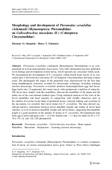 (PDF) Development of Pteromalus cerealellae on Hosts