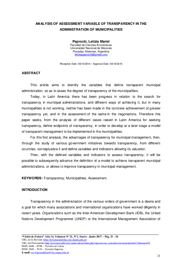 (PDF) Analysis of Assessment Variable of Transparency in the ...