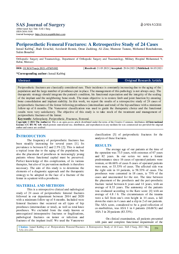 (PDF) Periprosthetic Femoral Fractures: A Retrospective Study of 24 Cases