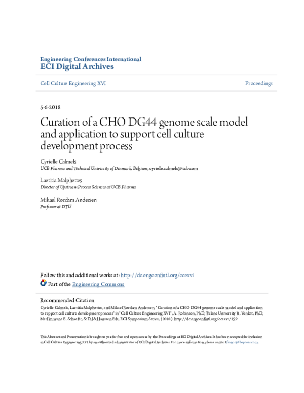 (PDF) Curation of a CHO DG44 genome scale model and application to ...