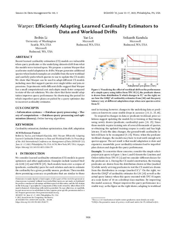 (PDF) Warper: Efficiently Adapting Learned Cardinality Estimators to Data and Workload Drifts