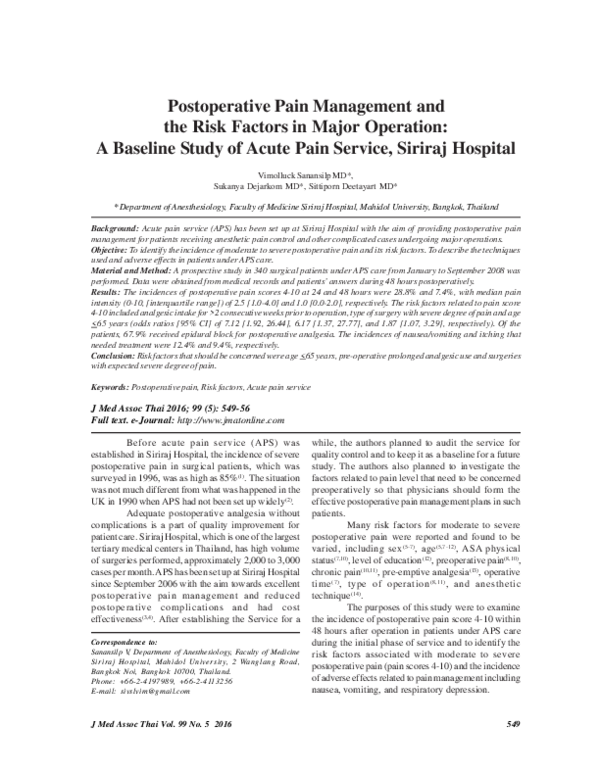 (PDF) Postoperative Pain Management and the Risk Factors in Major ...
