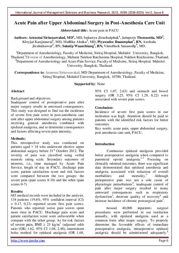 (PDF) Acute Pain after Upper Abdominal Surgery in Post-Anesthesia Care Unit