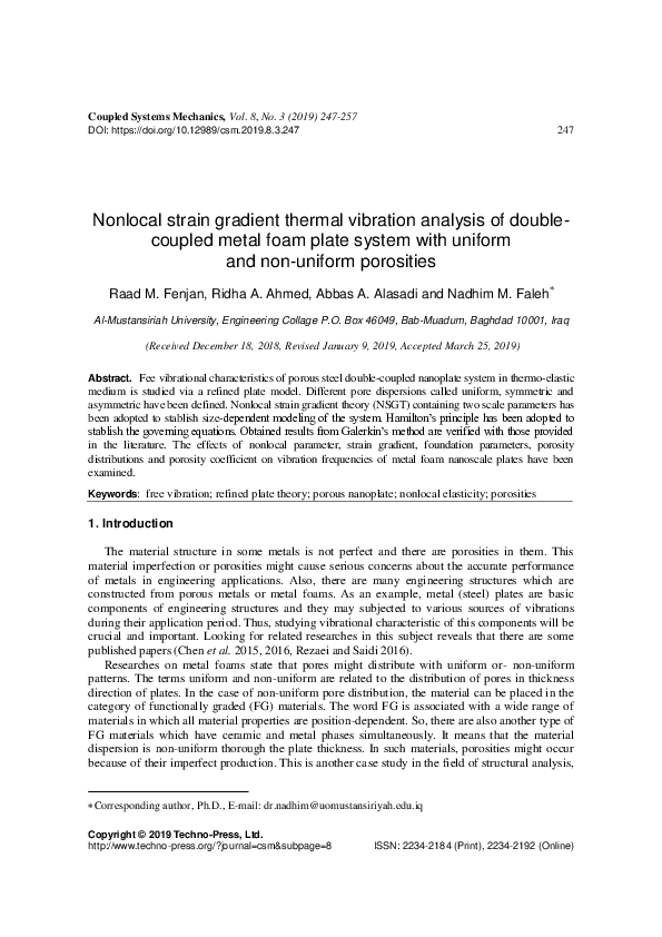 (PDF) Nonlocal strain gradient thermal vibration analysis of double-coupled metal foam plate ...