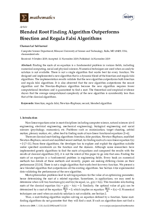 (PDF) Blended Root Finding Algorithm Outperforms Bisection and Regula Falsi Algorithms