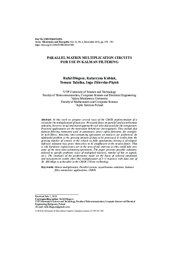 (PDF) Parallel matrix multiplication circuits for use in Kalman filtering