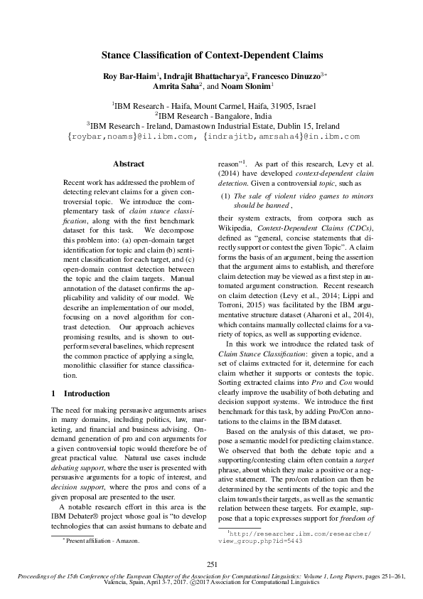 (PDF) Stance Classification of Context-Dependent Claims