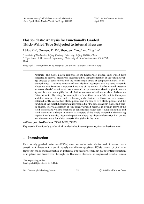 (PDF) Elastic-Plastic Analysis for Functionally Graded Thick-Walled Tube Subjected to Internal ...