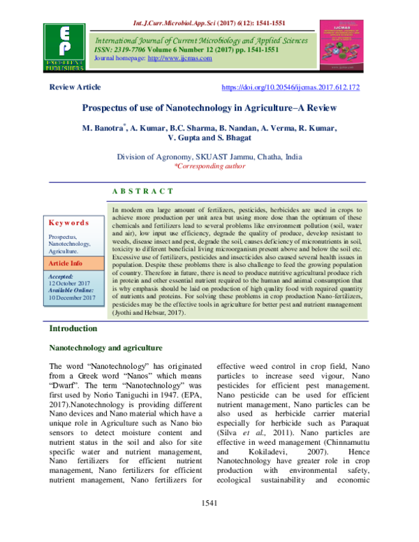 (PDF) Prospectus of use of Nanotechnology in Agriculture–A Review