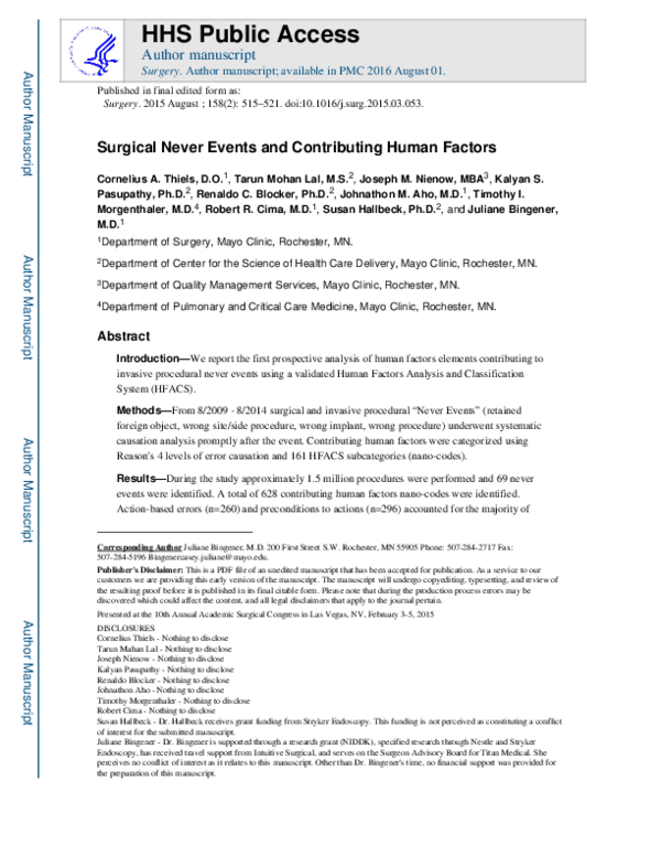 (PDF) Surgical never events and contributing human factors