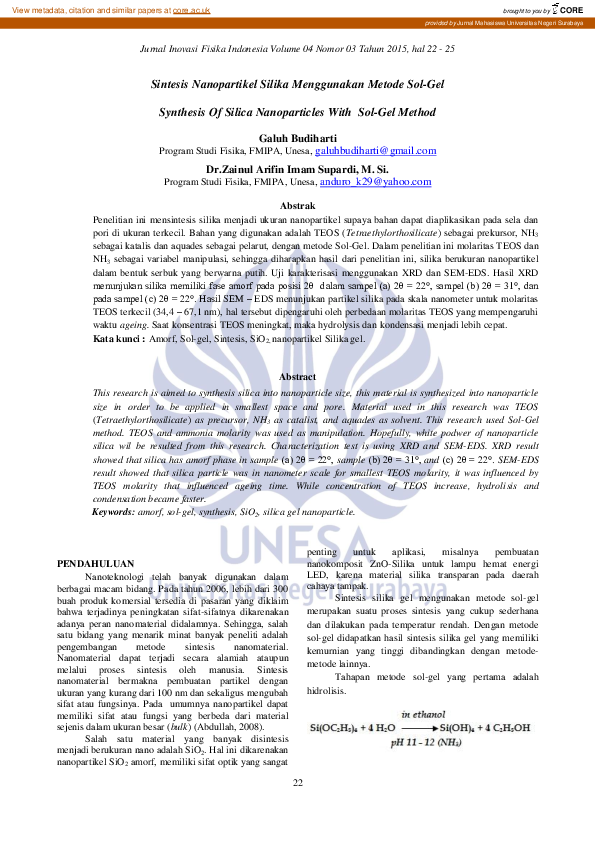 (PDF) Sintesis Nanopartikel Silika Menggunakan Metode Sol-Gel