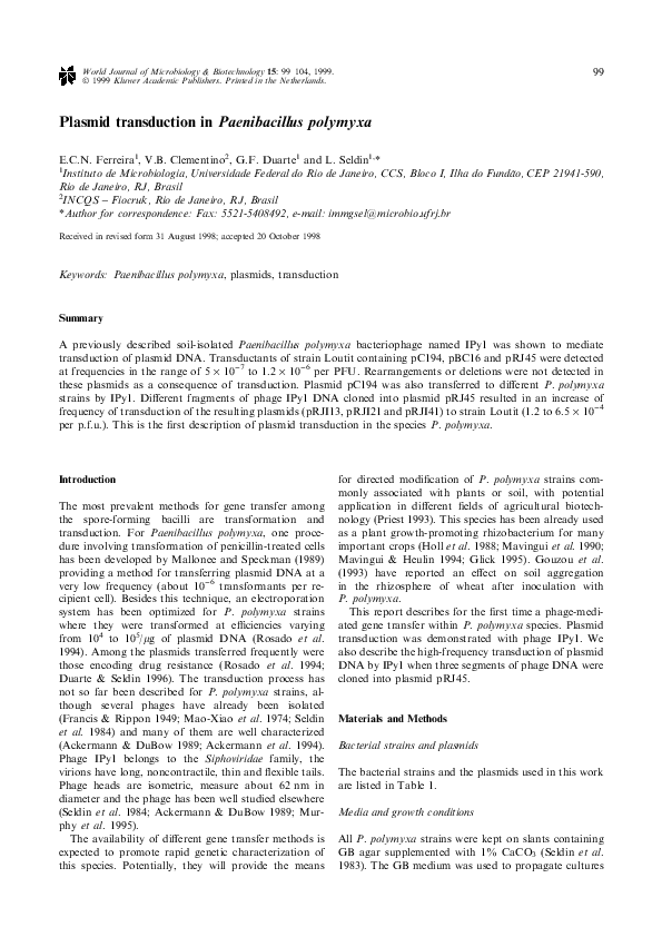 (PDF) Plasmid transduction in Paenibacillus polymyxa