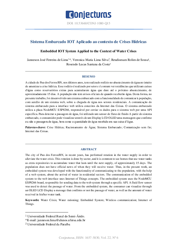 Pdf Sistema Embarcado Iot Aplicado Ao Contexto De Crises Hídricas 