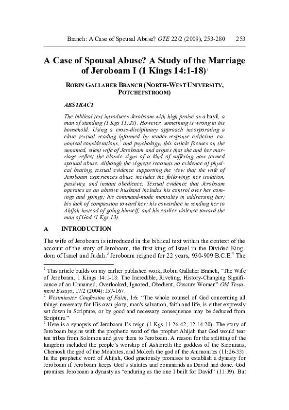 (PDF) A case of Spousal Abuse? A study of the Marriage of Jeroboam I (1 Kings 14: 1-18)