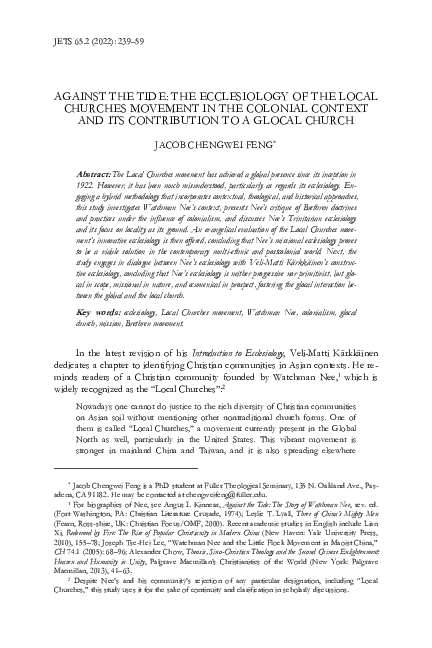 (PDF) AGAINST THE TIDE: THE ECCLESIOLOGY OF THE LOCAL CHURCHES MOVEMENT ...