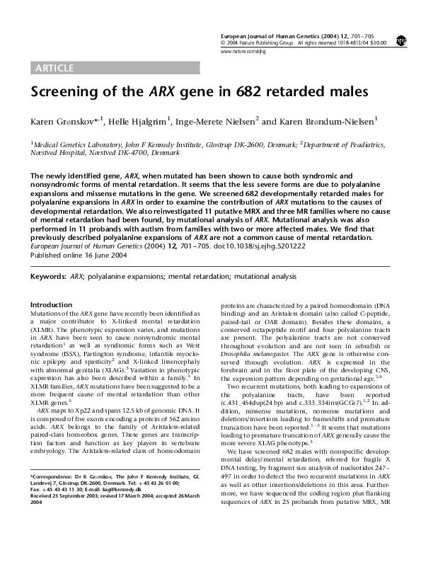 (PDF) Screening of the ARX gene in 682 retarded males