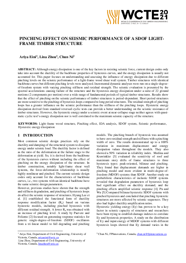 (PDF) Pinching effect on seismic performance of a SDOF light-frame timber structure