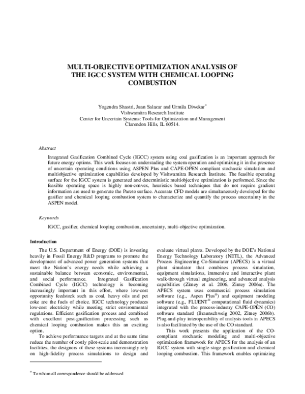 Pdf Multi Objective Optimization Analysis Of The Igcc System With
