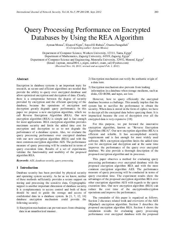 Pdf Query Processing Performance On Encrypted Databases By Using The Rea Algorithm Ayman