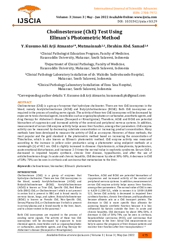 (PDF) Cholinesterase (ChE) Test Using Ellman's Photometric Method