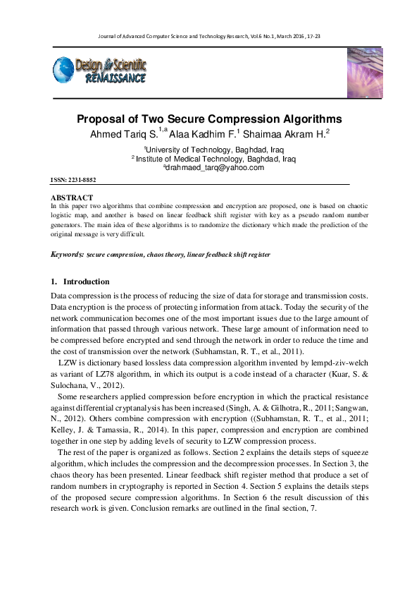 Pdf Proposal Of Two Secure Compression Algorithms Shaimaa Akram 7974