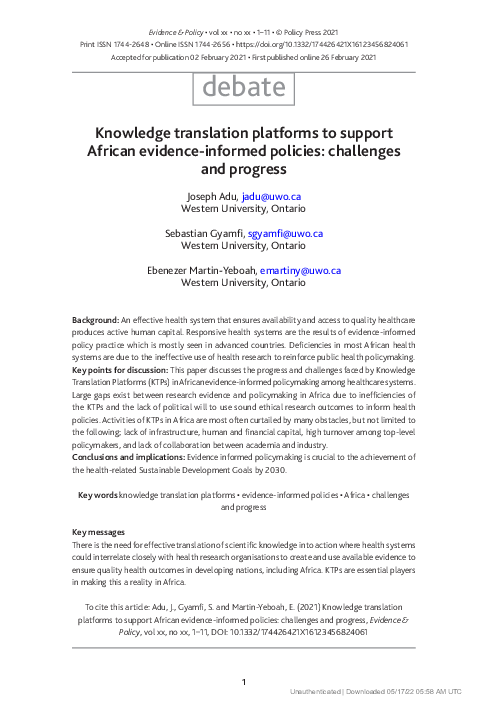 (PDF) Knowledge translation platforms to support African evidence-informed policies: challenges ...