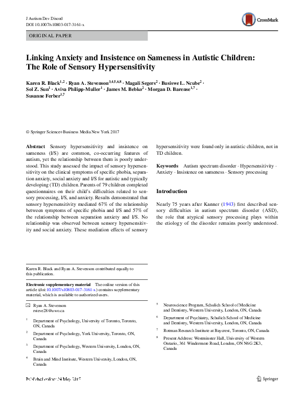 Linking Anxiety and Insistence on Sameness in Autistic Children: The ...