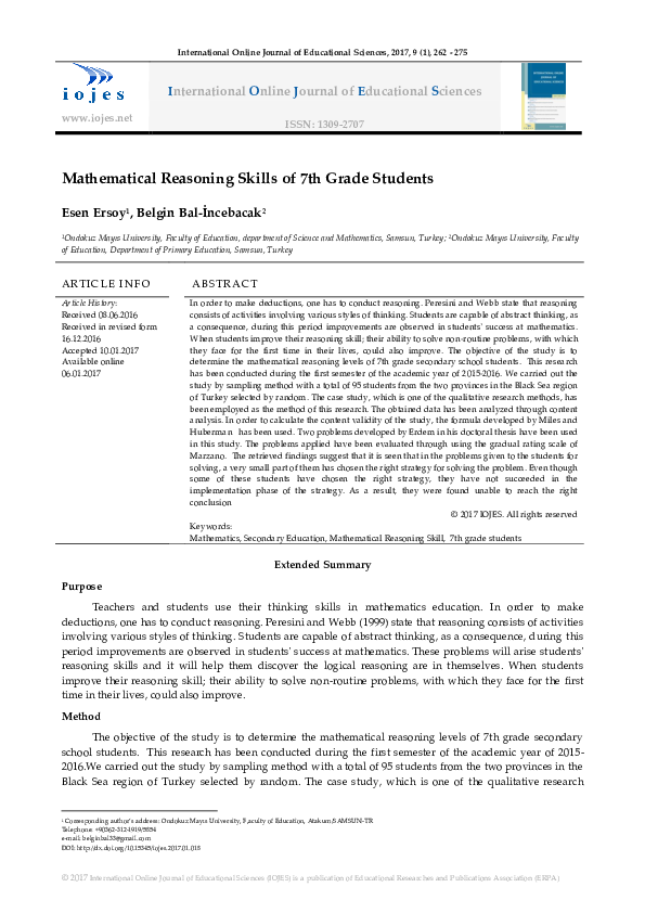 (PDF) Mathematical Reasoning Skills of 7th Grade Students