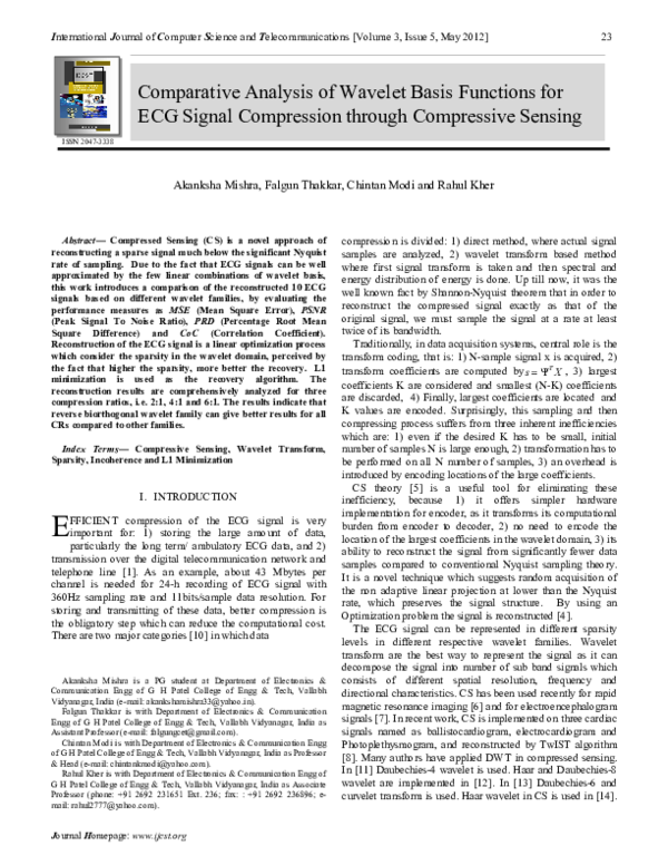 Pdf E Comparative Analysis Of Wavelet Basis Functions For Ecg Signal Compression Through