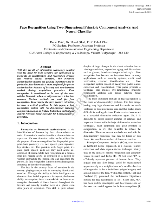 (PDF) Face Recognition Using Two-Dimensional Principle Component Analysis And Neural Classifier ...