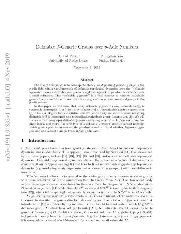 (PDF) Definable $f$-Generic Groups over $p$-Adic Numbers