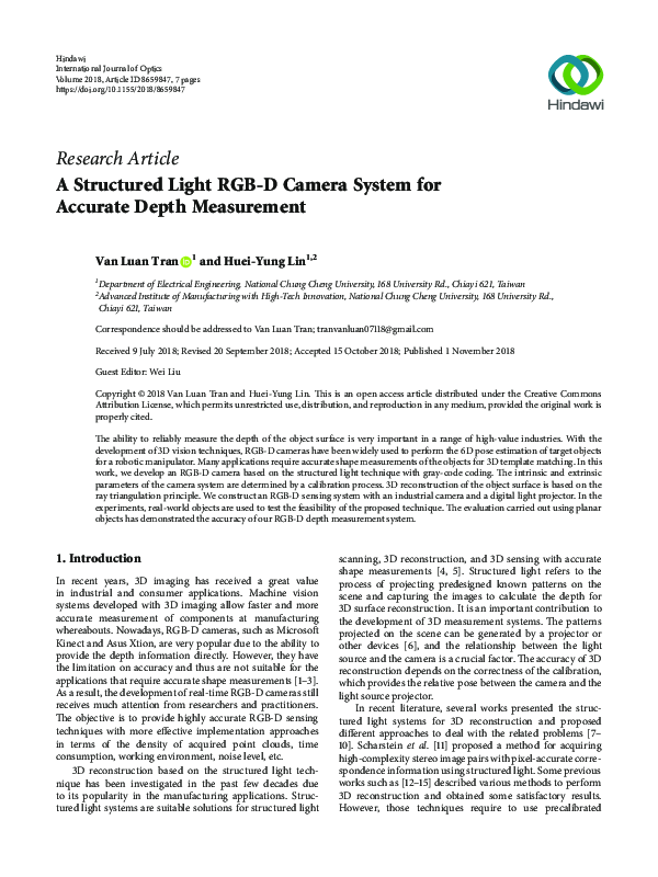 (PDF) A Structured Light RGB-D Camera System for Accurate Depth Measurement