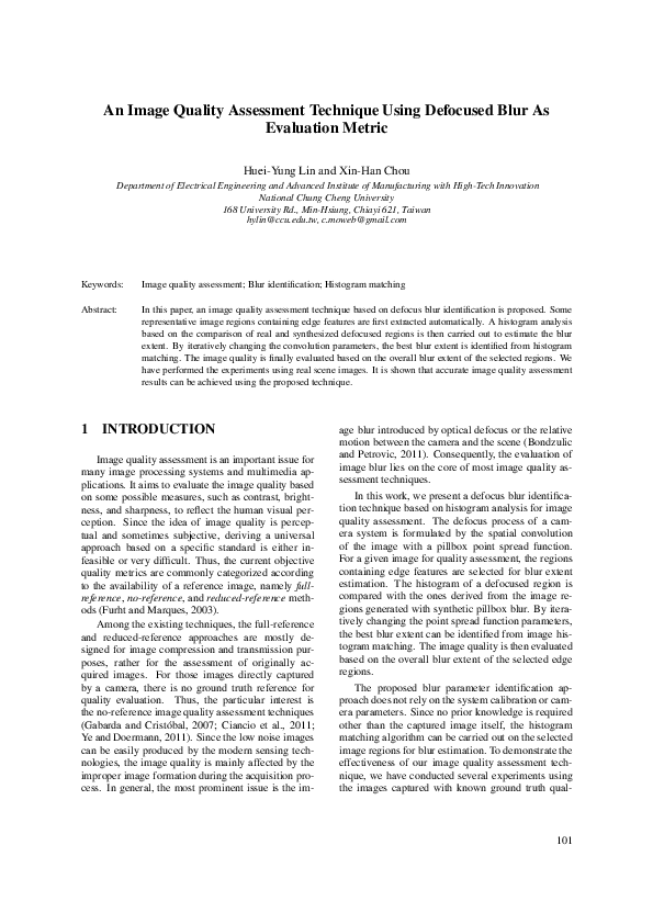 (PDF) An Image Quality Assessment Technique using Defocused Blur as Evaluation Metric