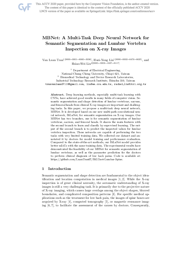 Pdf Mbnet A Multi Task Deep Neural Network For Semantic Segmentation And Lumbar Vertebra