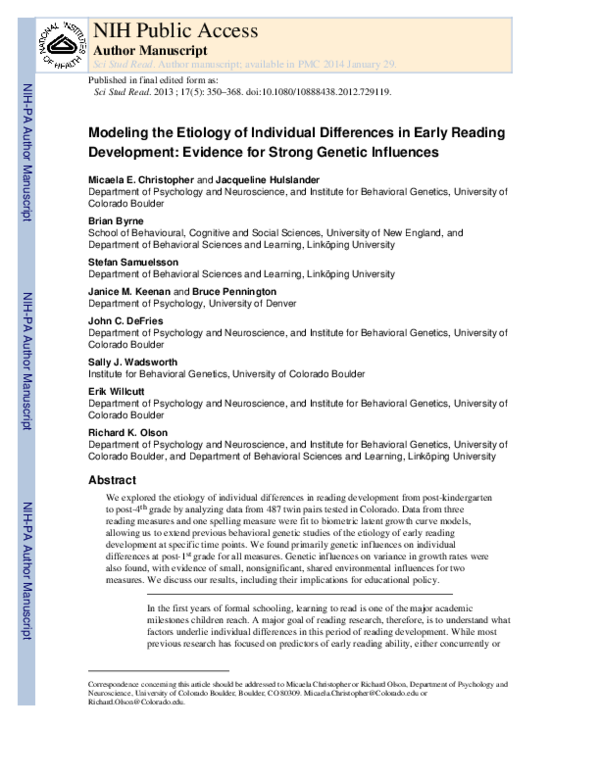 (PDF) Modeling the Etiology of Individual Differences in Early Reading Development: Evidence for ...