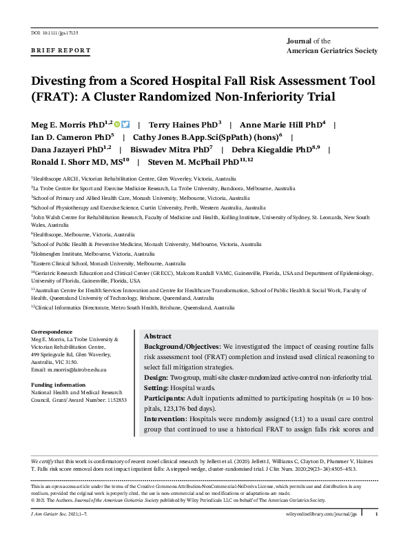 (PDF) Divesting from a Scored Hospital Fall Risk Assessment Tool (FRAT ...