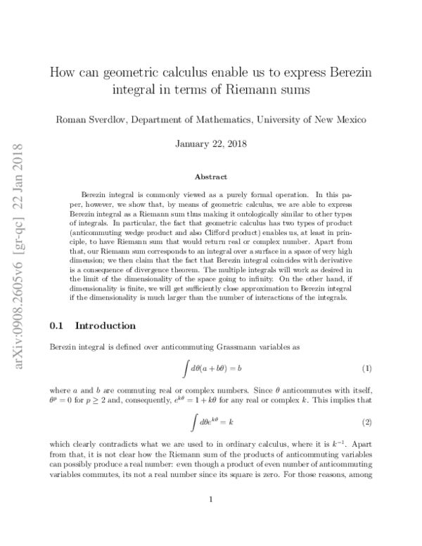 (PDF) How can geometric calculus enable us to express Berezin integral ...