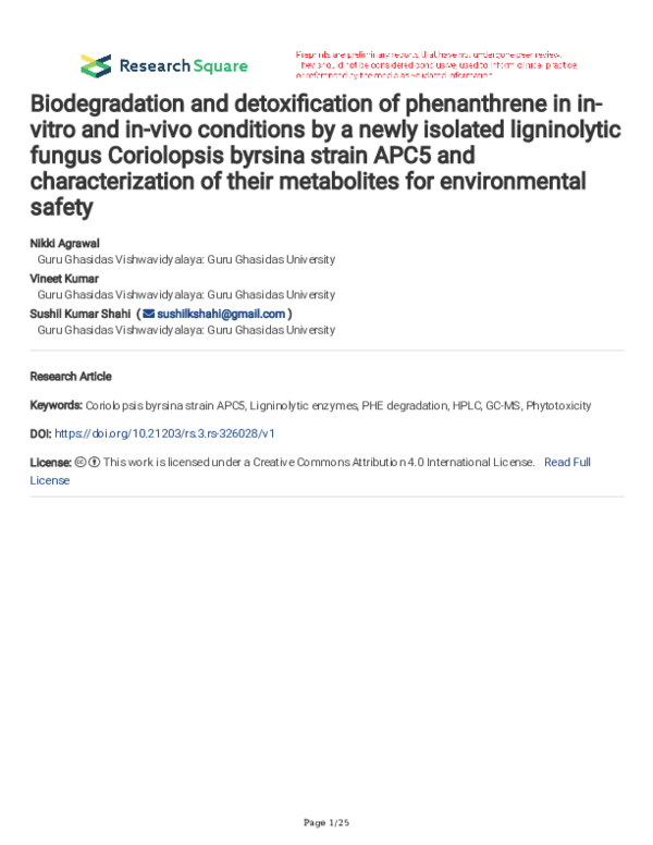 (PDF) Biodegradation and detoxification of phenanthrene in in vitro and in vivo conditions by a ...