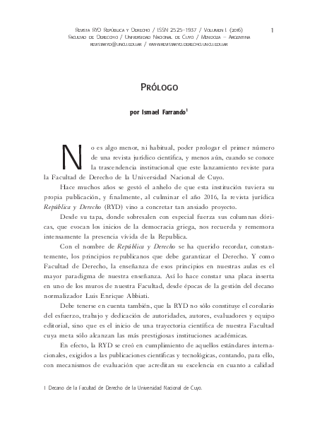 (PDF) Prólogo al primer número de Revista República y Derecho