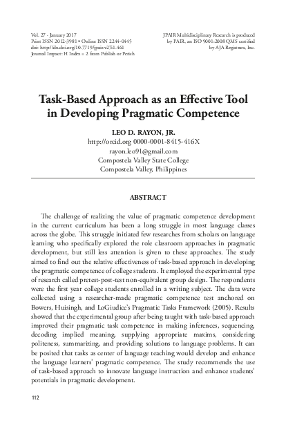 (PDF) Task-Based Approach as an Effective Tool in Developing Pragmatic Competence