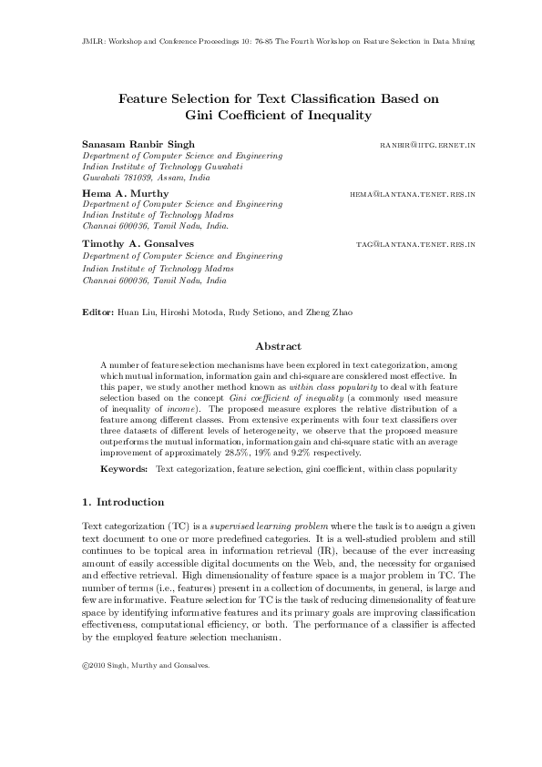 (PDF) Feature Selection for Text Classification Based on Gini Coefficient of Inequality